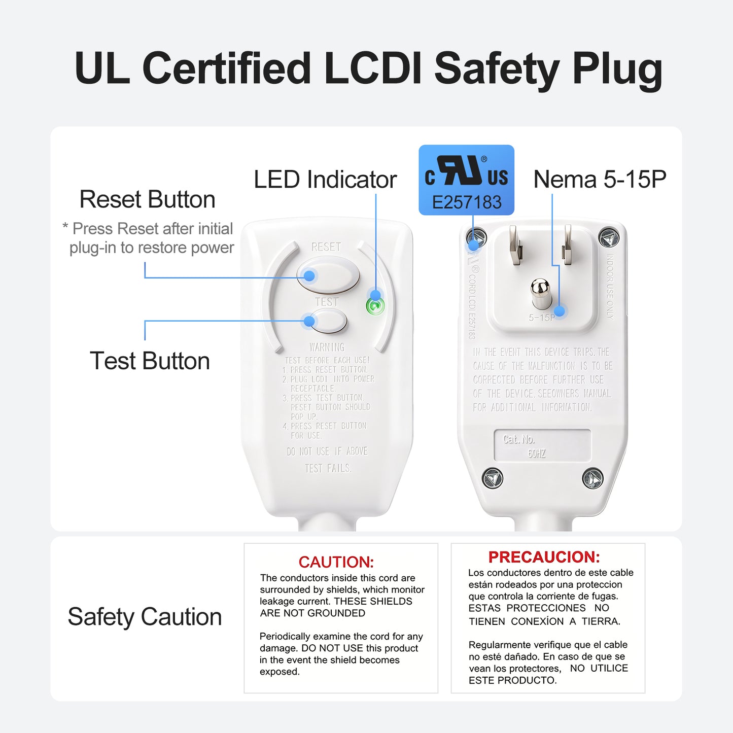 LCDI Power Cord Plug for A/C Air Conditioner 120VAC 15Amp 1800W 60Hz