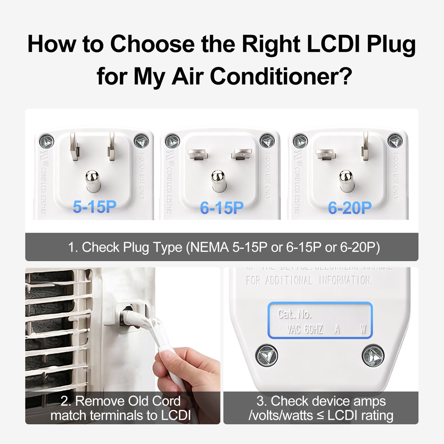 LCDI Power Cord Plug for A/C Air Conditioner 120VAC 15Amp 1800W 60Hz