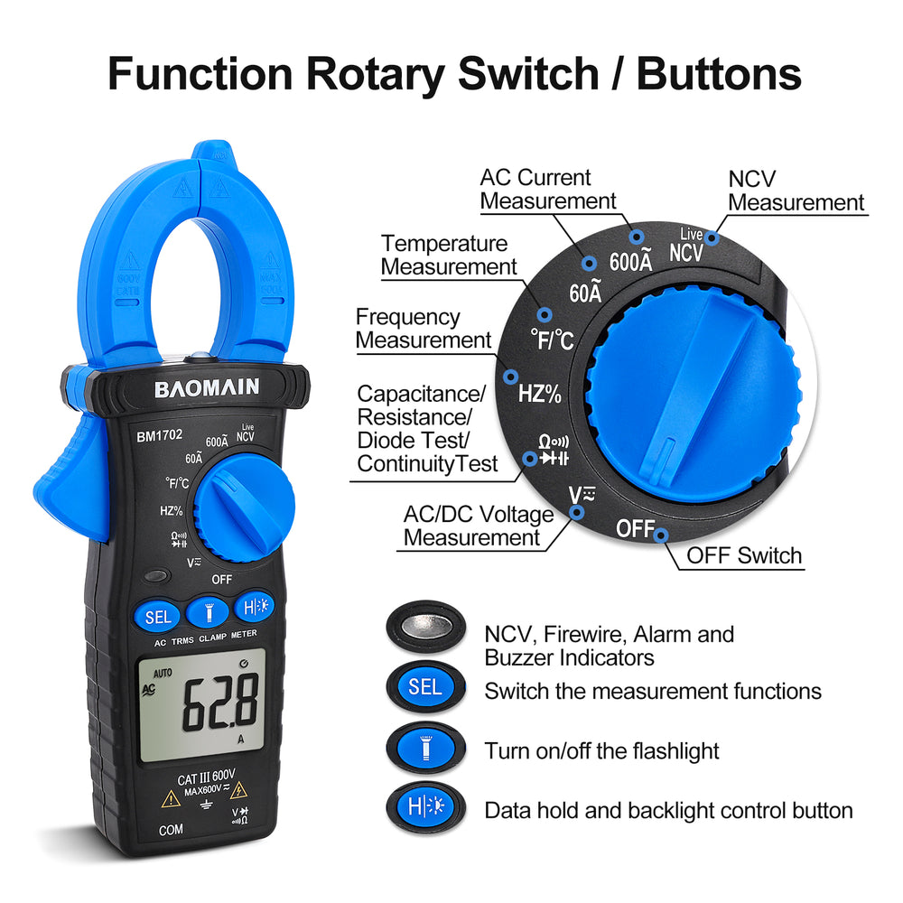 Baomain AC Digital Clamp Meter, T-RMS 6000 Counts Multipurpose Clamp ...