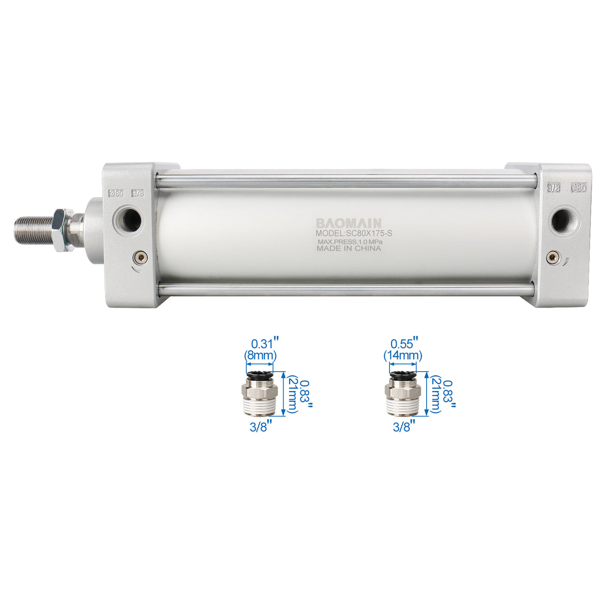 Baomain Pneumatic Air Cylinder with magnets SC 80 x 175-S PT 3/8'', Bo ...