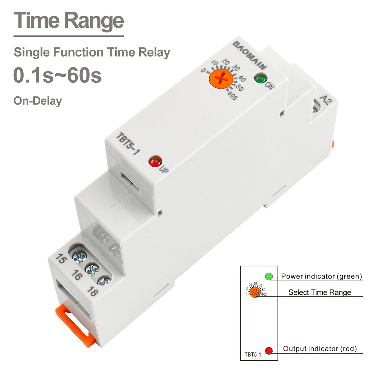 Single-Function Time Relay, 5A AC/DC24V-240V, 1C ON-Delay – BAOMAIN