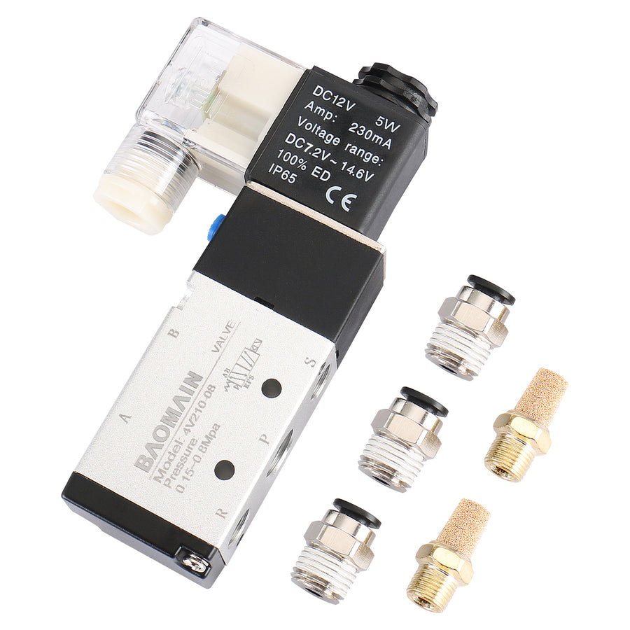 Baomain Pneumatic Solenoid Valve with 3 Fitting and 2 Mufflers 4V210-08 12V/24V/110V/220V 2 ...