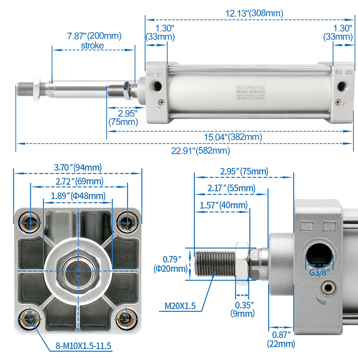 Baomain Pneumatic Air Cylinder with magnets SC 80 x 200-S PT 3/8'', Bo ...
