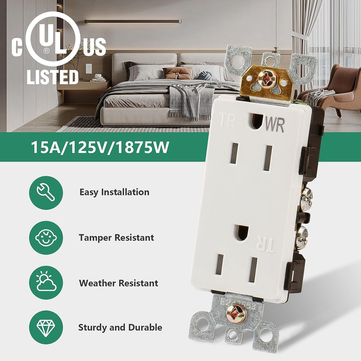 Baomain Duplex Receptacle Outlet,Self-Grounding,125V 15Amp TR&WR, Stan ...