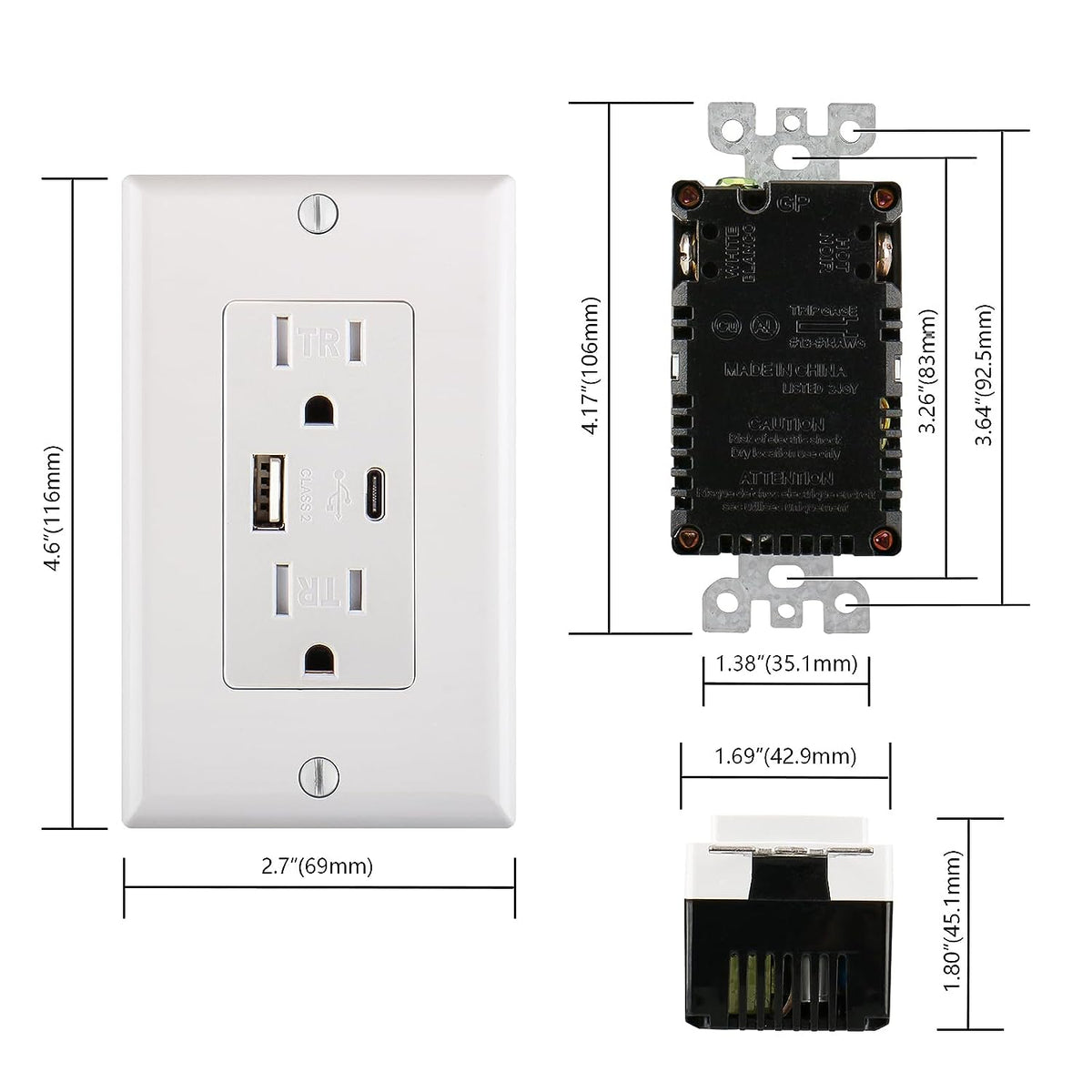BAOMAIN USB Charger Wall Outlet,15Amp TR Receptacle Plug with 4.2Amp U
