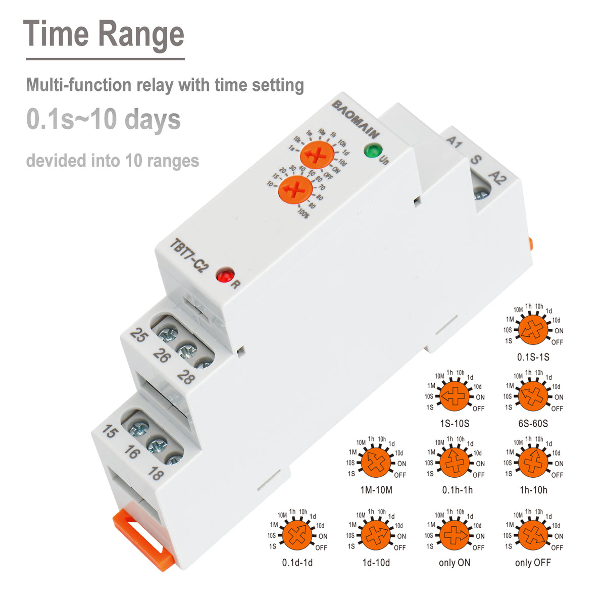 Multi-Function Time Relay, 16A/AC250V, Delay Off SPDT, DIN Rail ...
