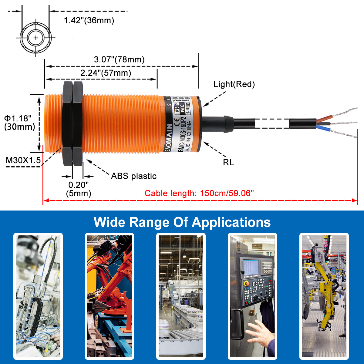 Capacitive Proximity Sensor, Cylindrical M30 Plastic, Sn 15 mm, 3-Wire ...