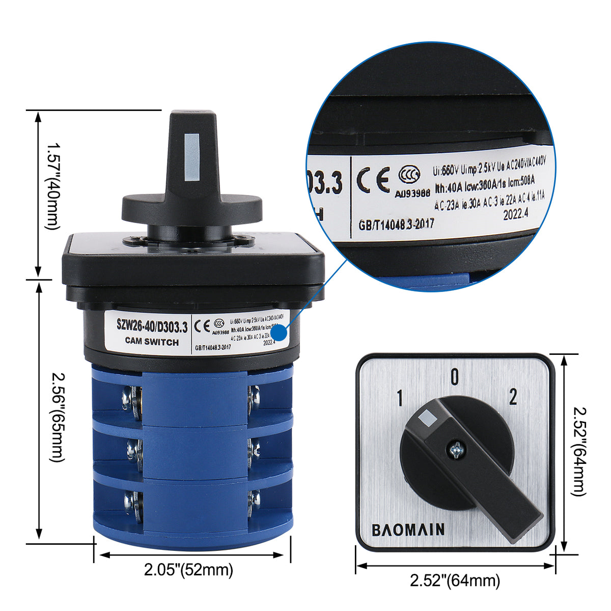 Cam Changeover Switch 40A SZW26-40/D303.3 3 Phase 3 Positions – BAOMAIN