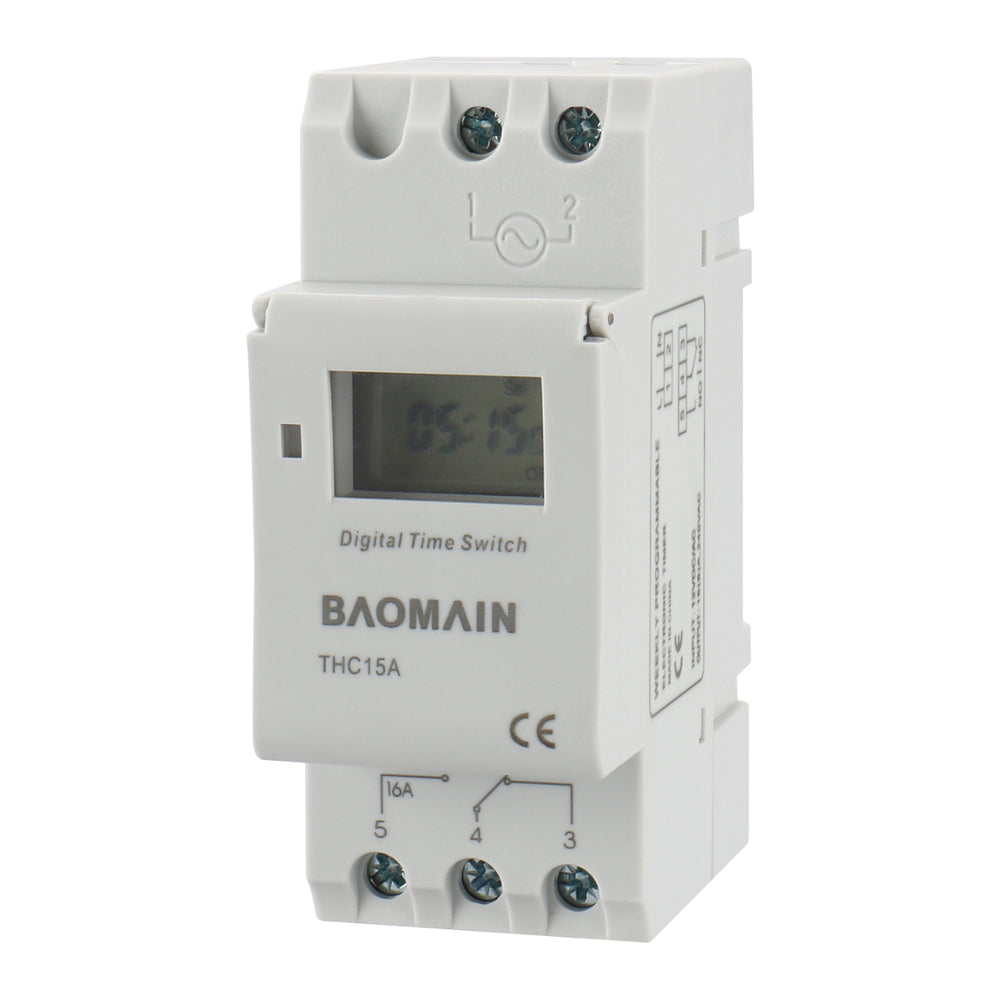 Baomain THC15A Programmable Timer Relay – 16A SPST, Digital LCD, Daily ...